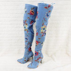 chic | Shoes | Stretch Floral Print Denim Draw String Top High Heel ...
